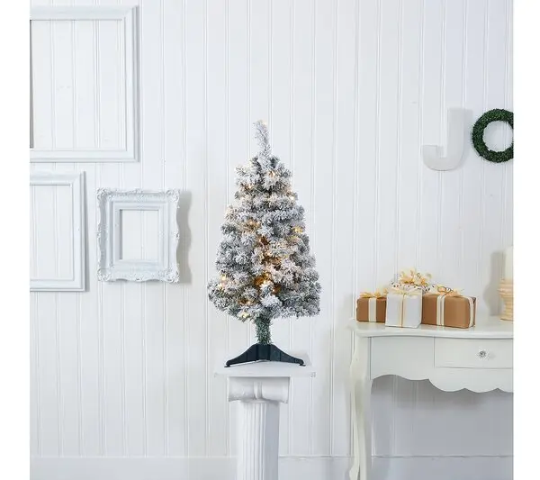 NEARLY NATURAL 3' Flocked Spruce Faux Christmastree W/ Lights