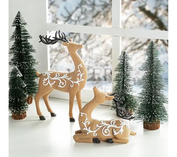 GLITZHOME Sparkly Resin Christmas Reindeer Tabl E Decor S/2