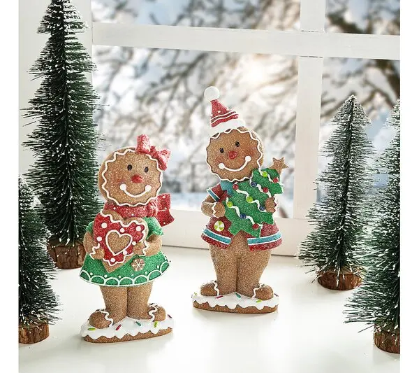 GLITZHOME 9.75 Christmas Gingerbread Couple T Able Decor S/2