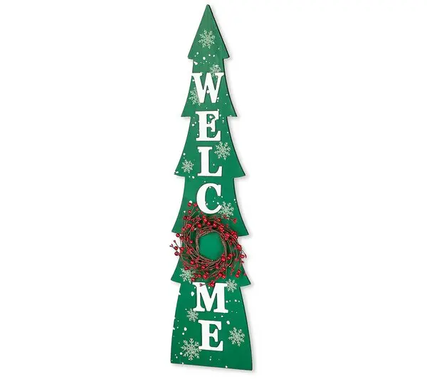 GLITZHOME 42' Welcome Christmas Tree Porch Sign W Mini Wreath