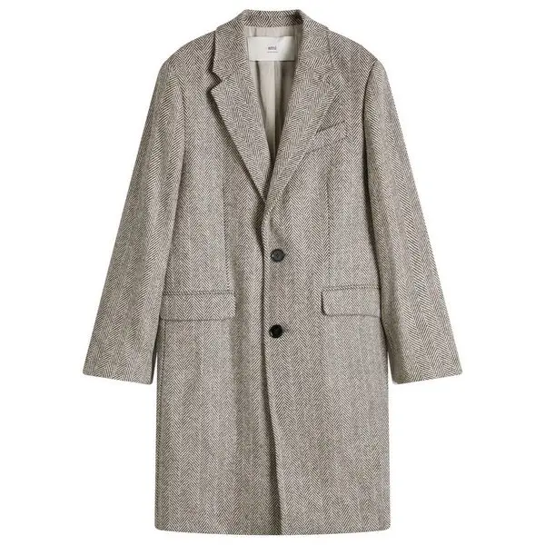Ami Herringbone Two Button Overcoat - Dark Coffe/off White