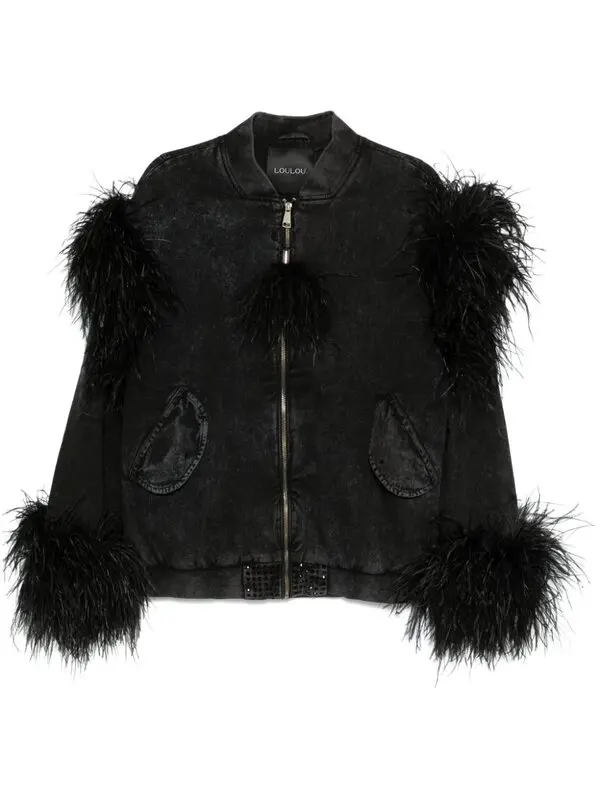 Loulou Feather-Detail Denim Jacket Black Editorialist