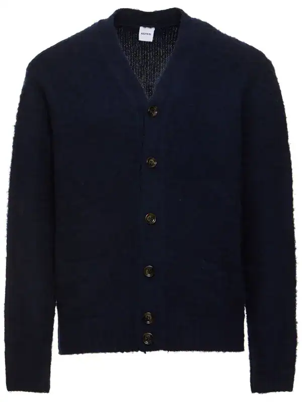 Aspesi Brushed Shetland Wool Cardigan In Navy,Navy - 55% Off 