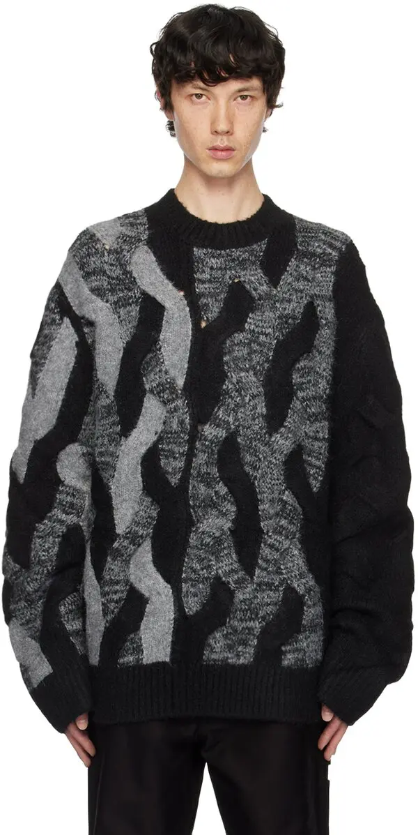 Feng Chen Wang Black & Gray Cable Knit Sweater In Black/Grey/White 