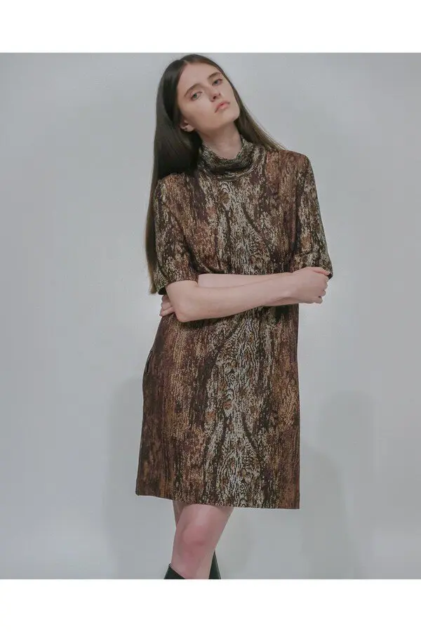 Rosetta Getty Woodgrain Interlock Jacquard Turtleneck Shift Dress