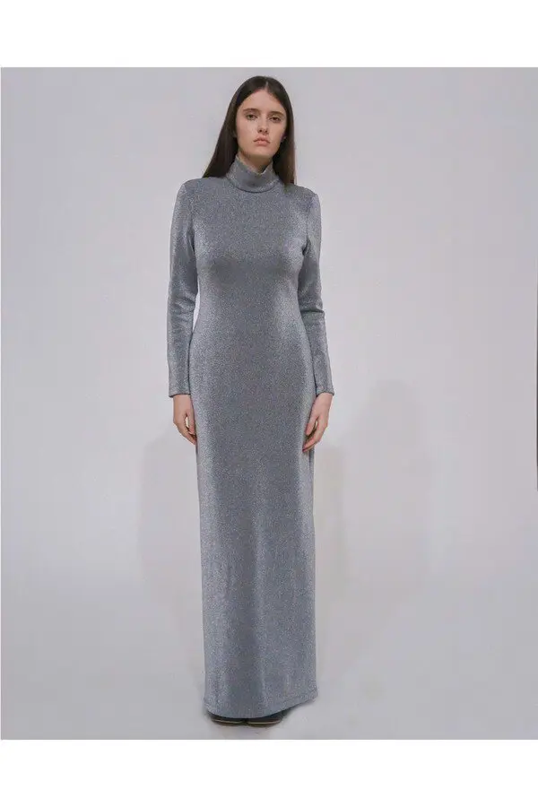 Rosetta Getty Fitted Turtleneck Lurex Maxi Dress