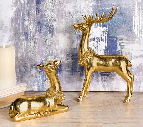 VALERIE PARR HILL As Is 2-piece Deer W/ Pinecone & Leaf Garlandby Valerie