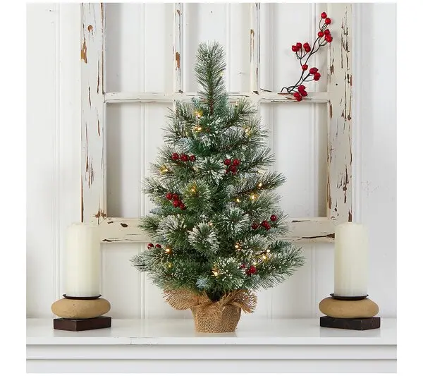 NEARLY NATURAL 2' Snow Tipped Pine And Berry Ch Ristmas Tree