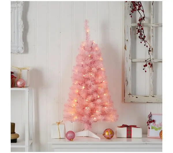 MR. CHRISTMAS Nearly Natural 3' Pink Christmas Tree With 50 L Ed Lights