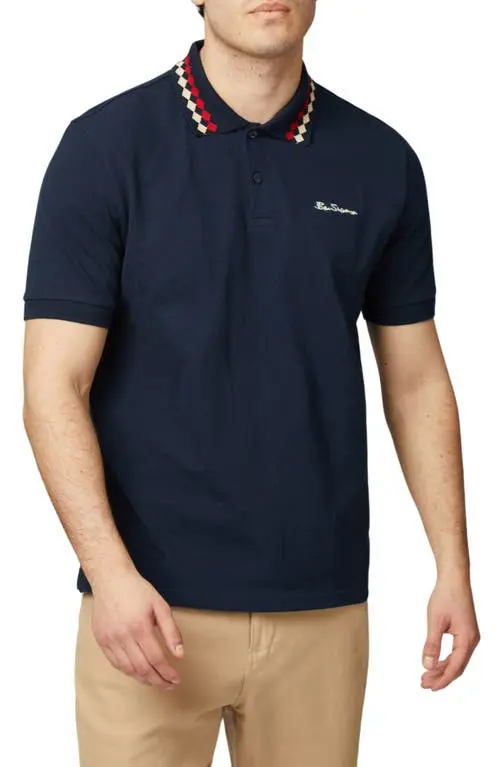 Ben Sherman Diamond Collar Organic Cotton Piqué Polo - Dark Navy