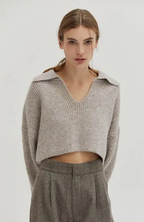 CRESCENT Waffle Polo Crop Sweater - Heather Grey
