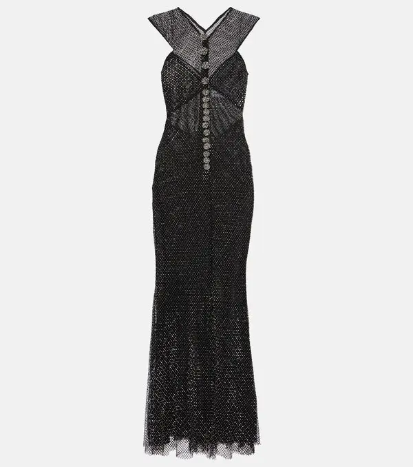 SELF-PORTRAIT Embellished Fishnet Maxi Dress