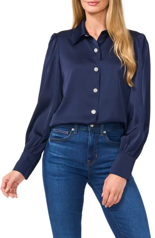 Cece Dupraz Embellished Satin Button-Up Shirt In Classic Navy Blue 