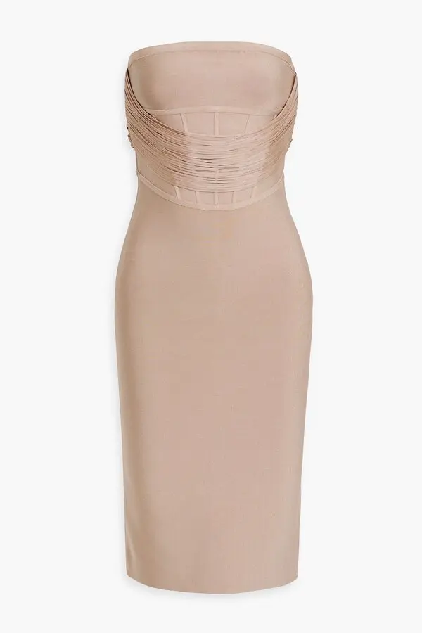 Herve Leger Strapless Bandage Dress With Fringe
