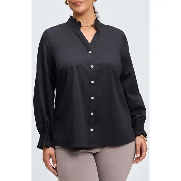 Foxcroft Elora Scallop Cotton Blend Button-up Shirt - Black