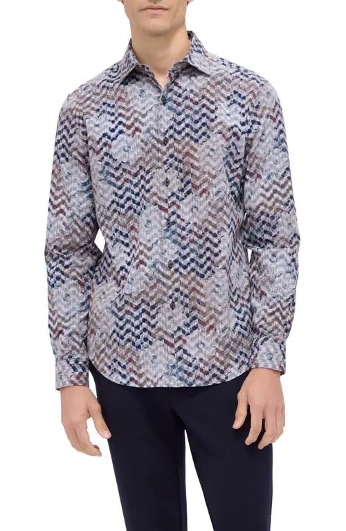 Bugatchi Axel Shaped Fit Floral Chevron Print Stretch Button-up Shirt - Caramel