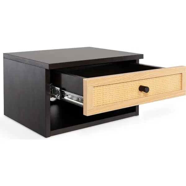 JONATHAN Y Celerie Mid-century Modern Floating Wall Mounted Nightstand With Soft-close Rattan Drawer And Cable Hole - Black/light Oak