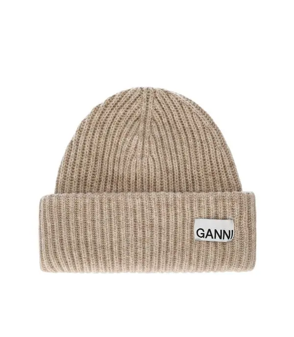 GANNI Oversized Ribbed Beanie - Beige