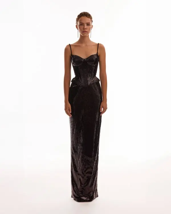 MILLA Dramatic Fitted Sequined Maxi Skirt - Black