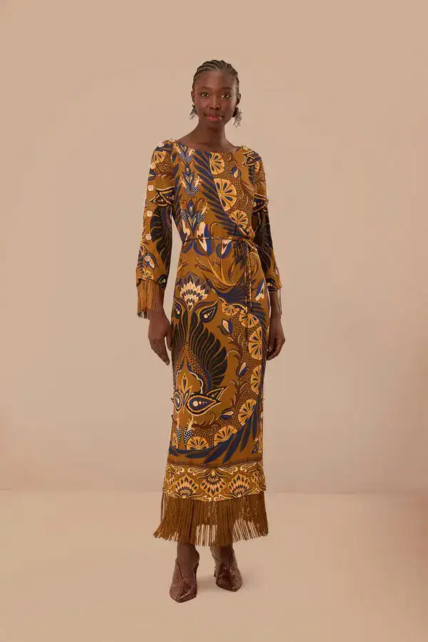 Farm Rio Gold Heart Forest Viscose Maxi Dress - Heart Forest Gold |  Editorialist
