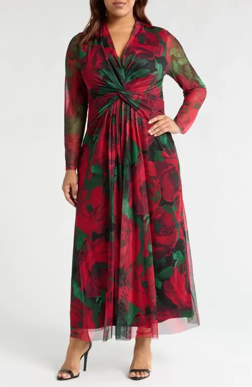 Anne Klein Floral Twist Front Long Sleeve Mesh Maxi Dress - Titan Red Multi