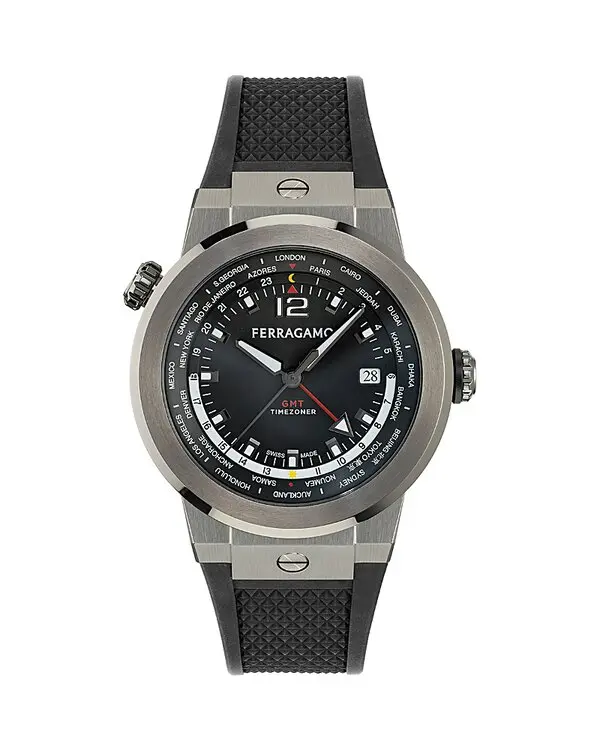 FERRAGAMO F-80 Gmt Worldtime 43mm Silicone Strap Watch - Black