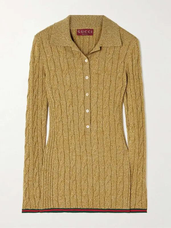Gucci Striped Webbing-Trimmed Cable-Knit Wool Polo Shirt Mustard