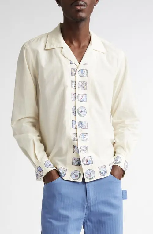 BODE Ski Season Long Sleeve Cotton & Silk Button-up Shirt - Ecru