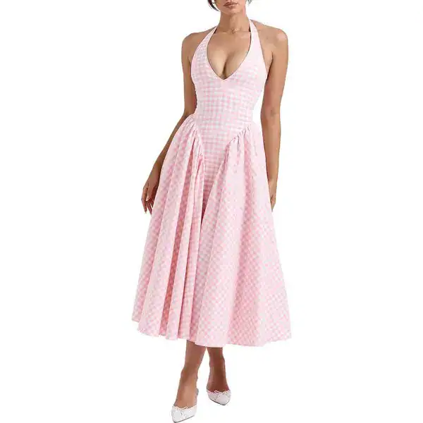 House Of Cb Marilyn Gingham Halter Midi Sundress - Rose Shadow |  Editorialist