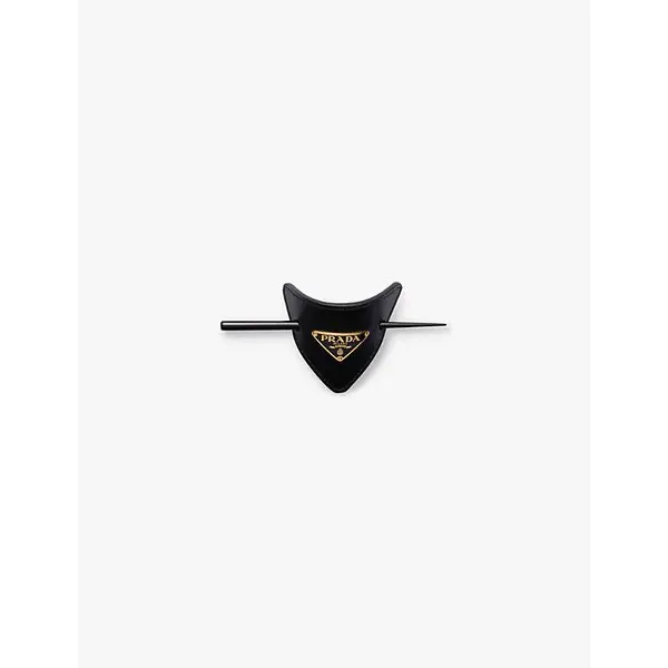 Prada Black Leather Triangle Logo Hair Slide with Pin Prada Leather Hair Clip With Triangle Logo - Black  main image 4