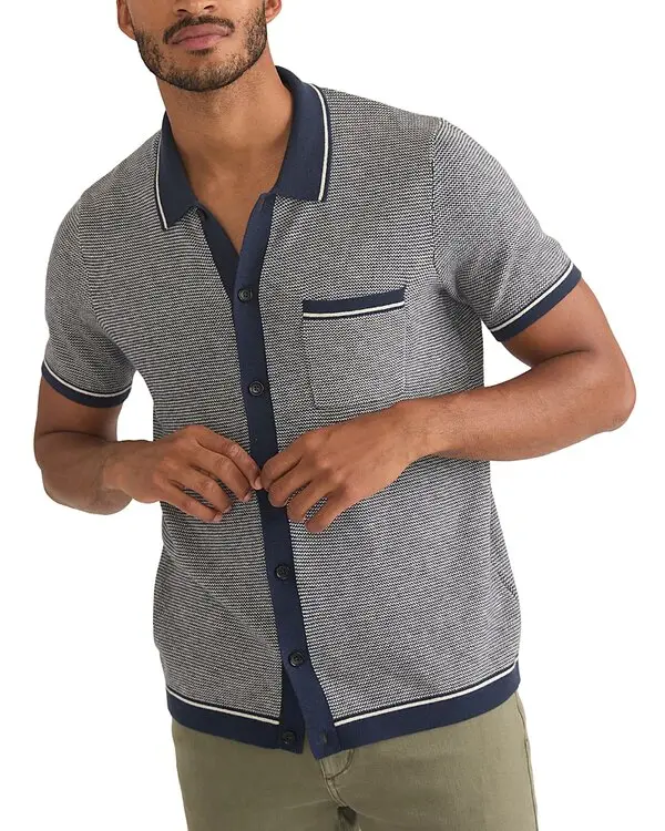 Marine Layer Wyatt Cotton, Nylon & Merino Wool Tipped Sweater Knit Regular Fit Button Down Shirt - Navy/pearl
