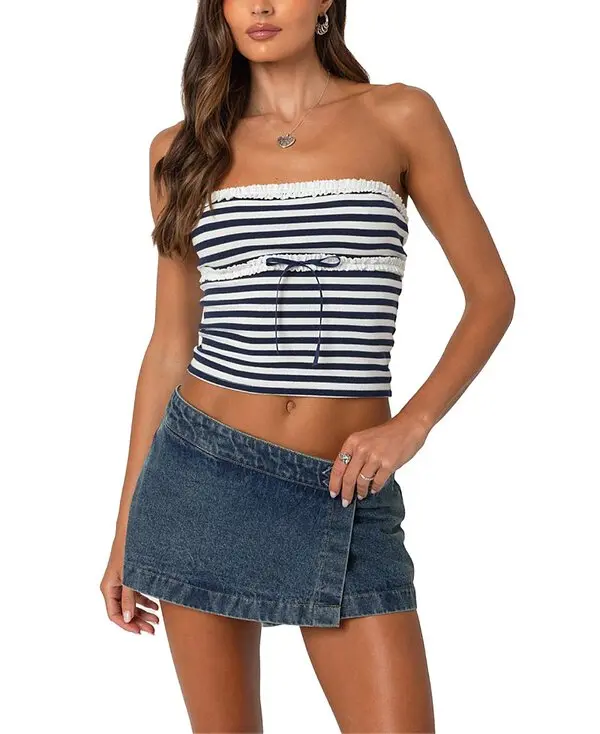 EDIKTED Striped Eyelet Trim Tube Top - Navy And White
