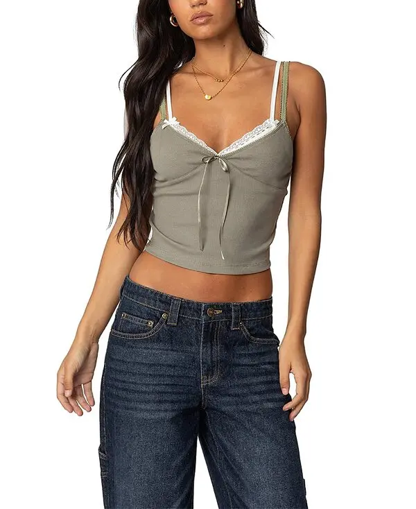 EDIKTED Lacey Layered Tank Top - Olive