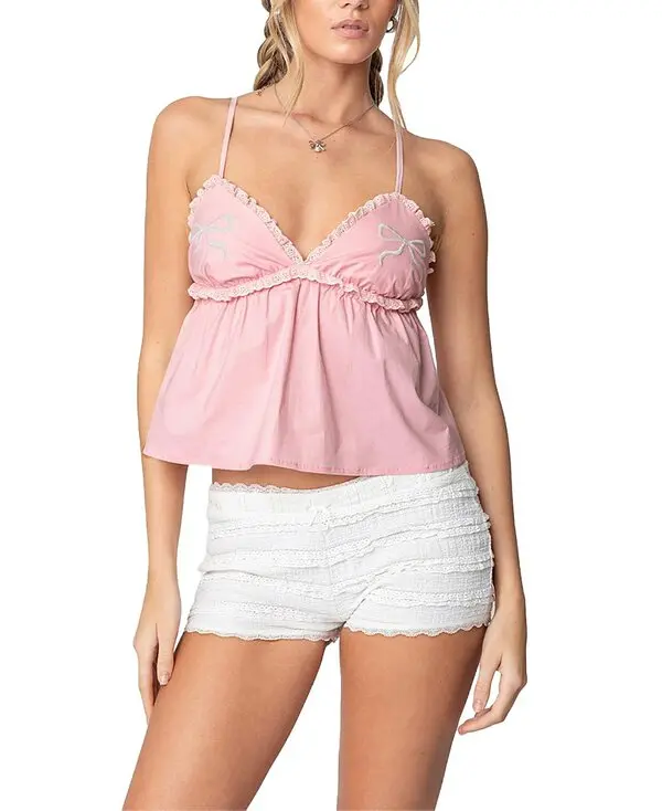 EDIKTED Bow & Frill Babydoll Top - Light Pink