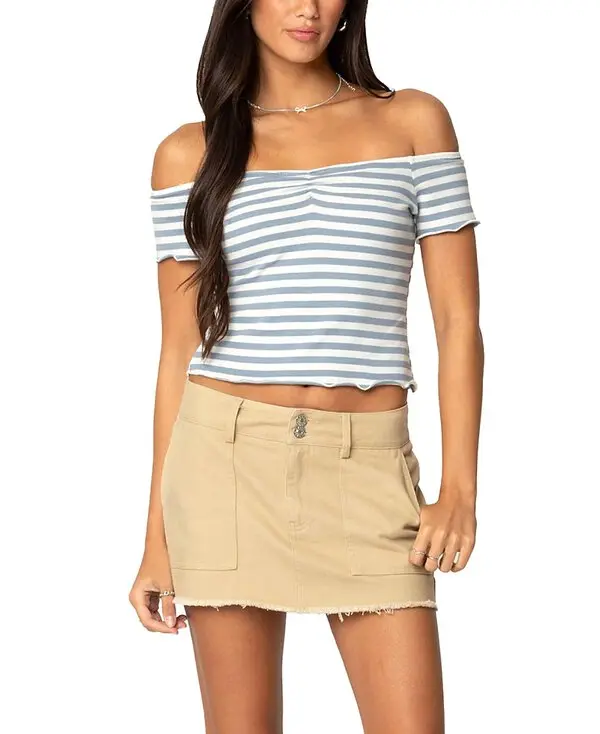 EDIKTED Striped Off-shoulder Top - Blue And White