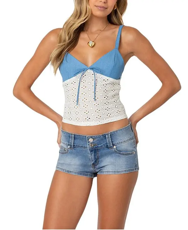 EDIKTED Denim & Eyelet Tank Top - Blue And White
