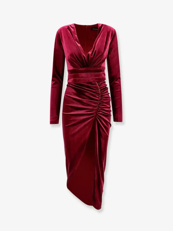 Actualee Long Sleeve Draped Velvet Dress - Red | Editorialist