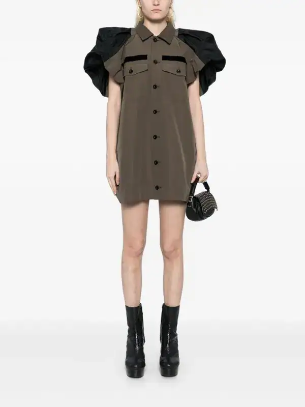 Sacai Twill Mix Grosgrain Dress - Brown | Editorialist