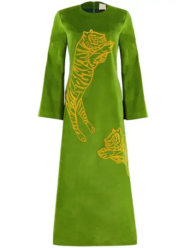 Paula Embroidered Velvet Dress - Green
