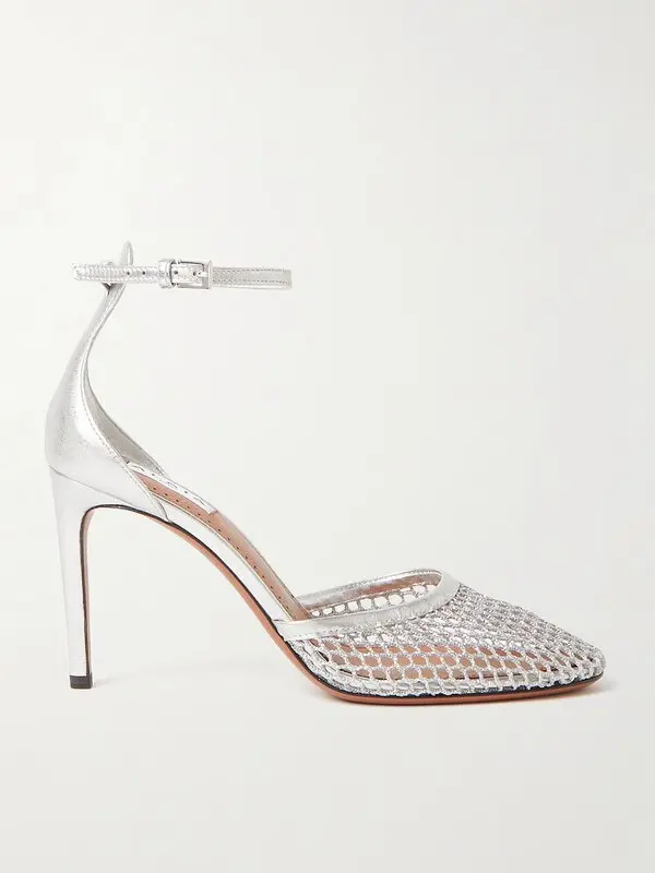 Alaïa 90 Fishnet And Metallic Leather Pumps - Silver