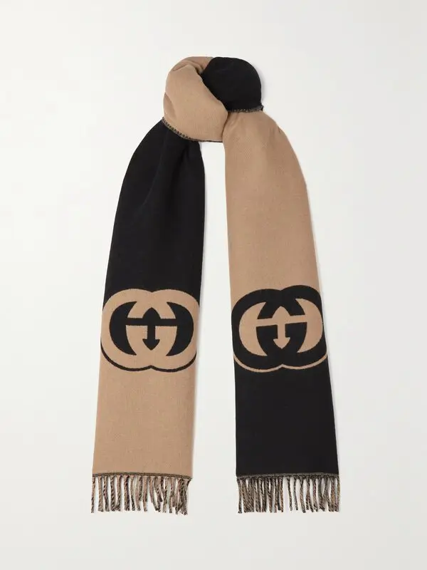 Gucci Fringed Wool And Cashmere-blend Jacquard Scarf - Black
