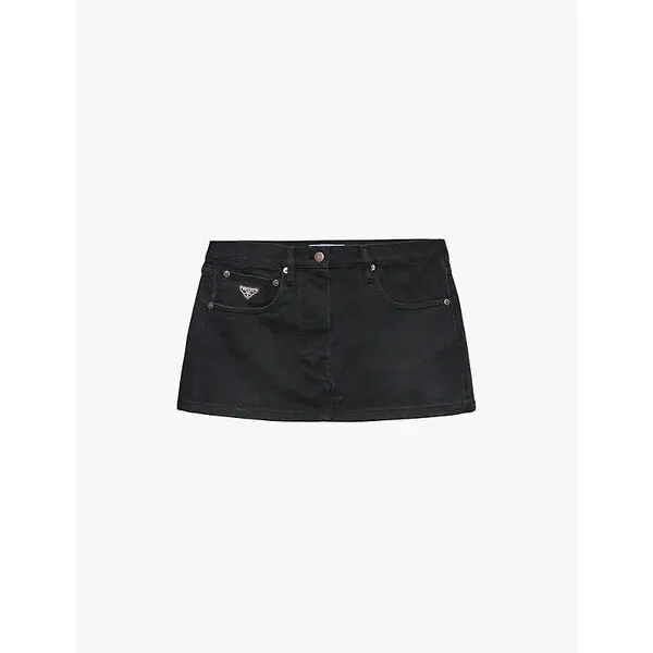 Prada Logo-plaque Low-rise Denim Mini Skirt