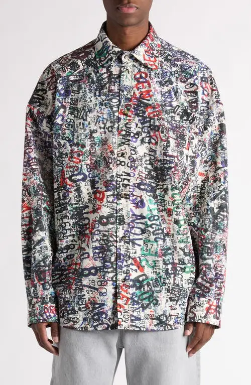 Bottega Veneta Memory Print Relaxed Fit Cotton & Wool Button-up Shirt - 9173 Chalk/multicolour
