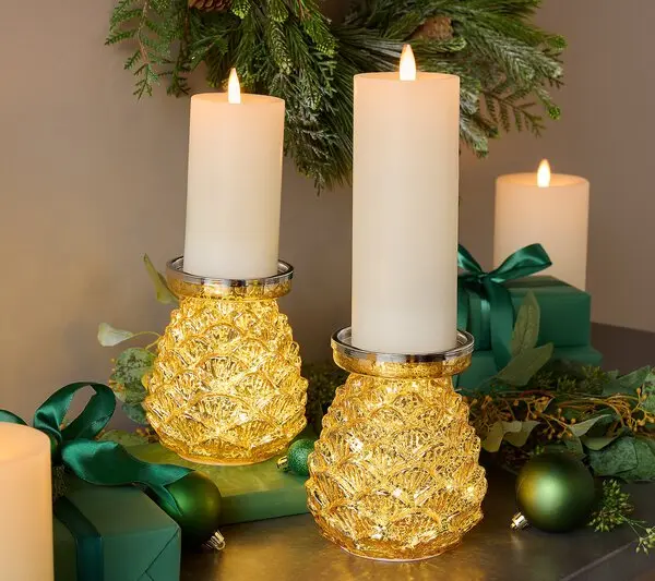 VALERIE PARR HILL As Is Set Of 2 Lit Mercury Glass Pineconepedestals