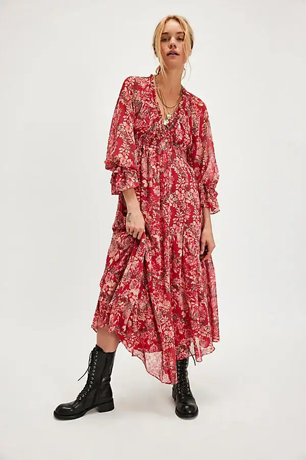 Free People Lena Midi Dress In Bright Red Combo - 50% Off | Editorialist