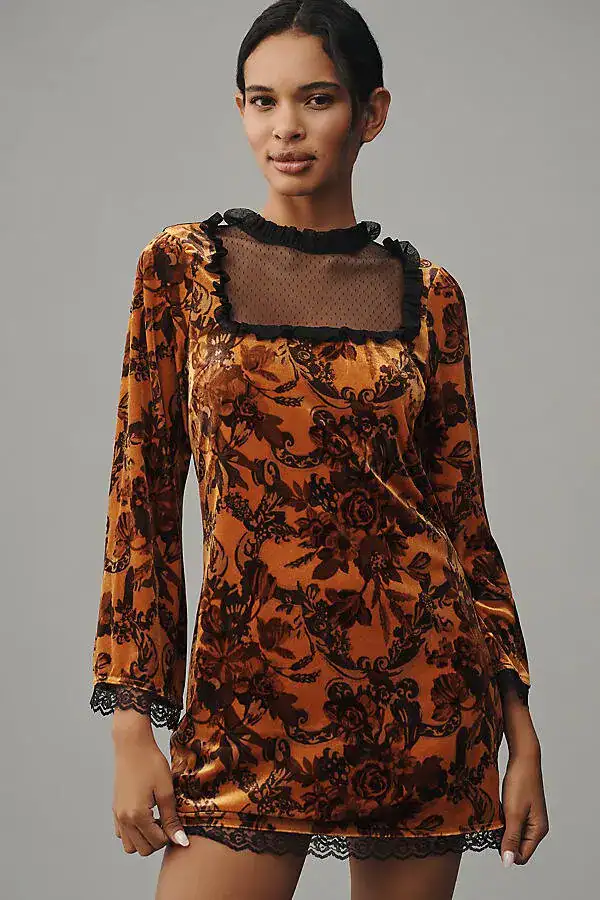 Maeve Long-Sleeve Mesh Velvet Mini Dress In Multicolor - 41% Off |  Editorialist