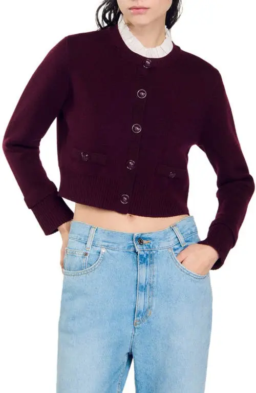 Sandro Knit Cardigan With Ruffled Collar - Bordeaux