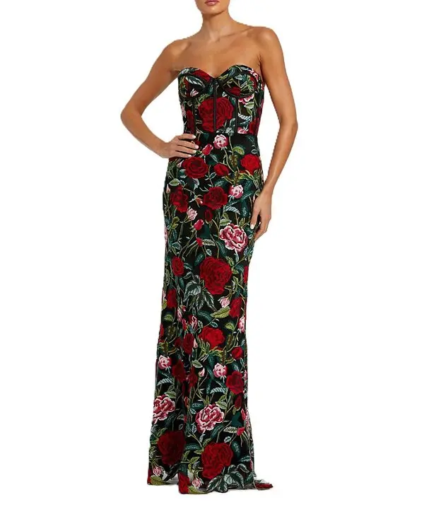 Mac Duggal Sheer Bustier Floral Applique Gown - Black Multi