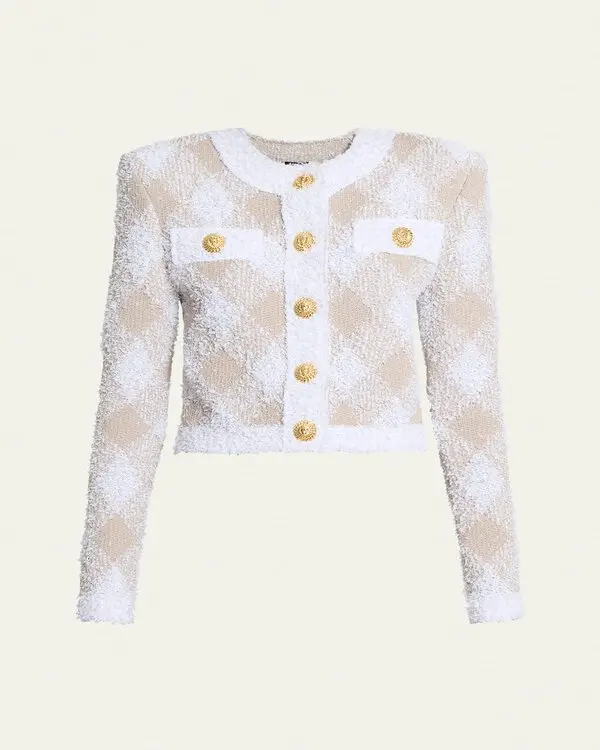 Balmain Vichy Check Tweed Knit Crop Jacket - White Multi