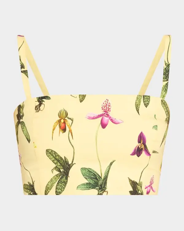 Oscar De La Renta Orchid Print Poplin Cropped Tank - Yellow Multi